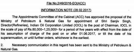 SANJIV SINGH APPOINTED CHAIRMAN OF INDIAN OIL CORPORATION LTD.